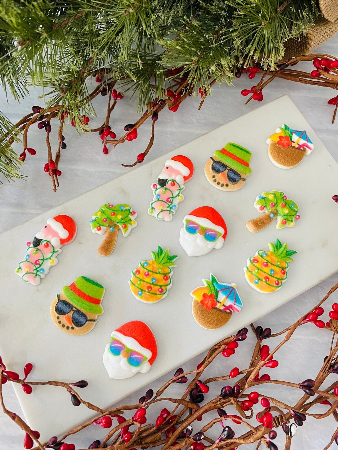 TROPICAL CHRISTMAS ASSORTMENT Edible Sugar Cupcake or Cake Toppers - 12 ...