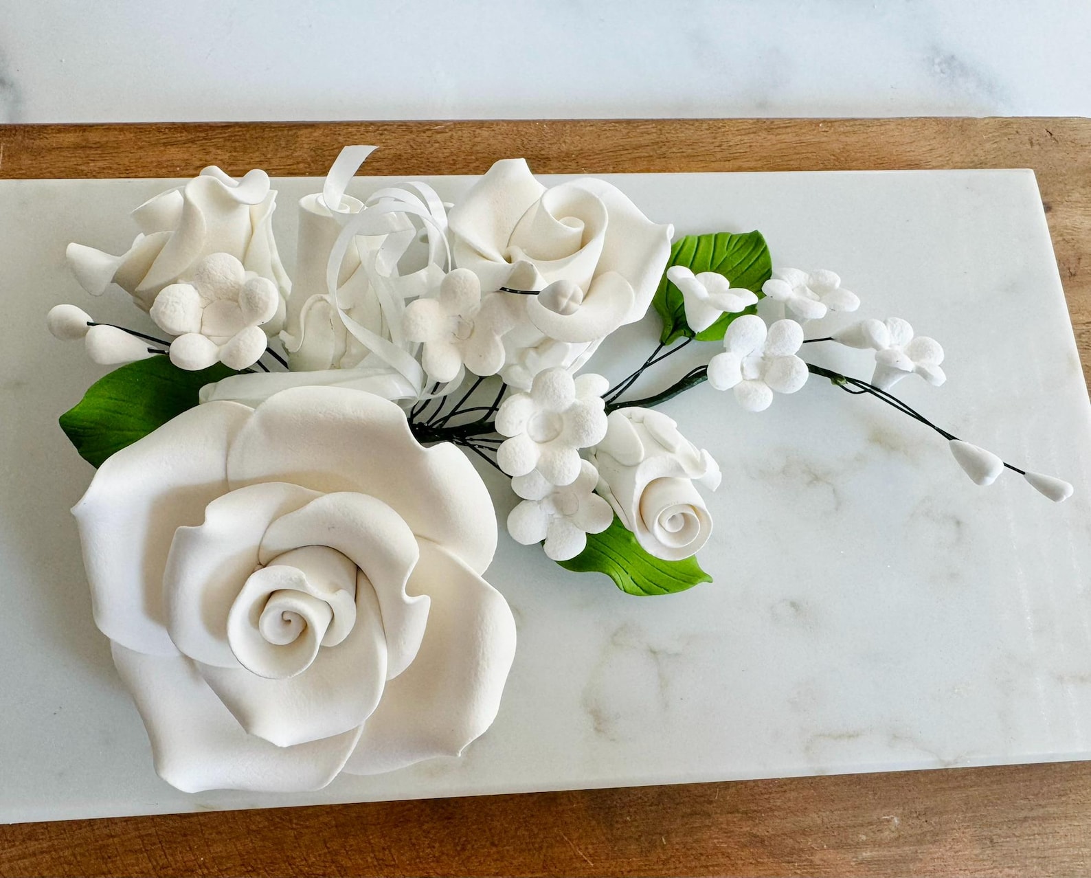 WHITE ROSES BOUQUET / Spray Gum Paste Flowers - 1 Piece Cake Topper for ...