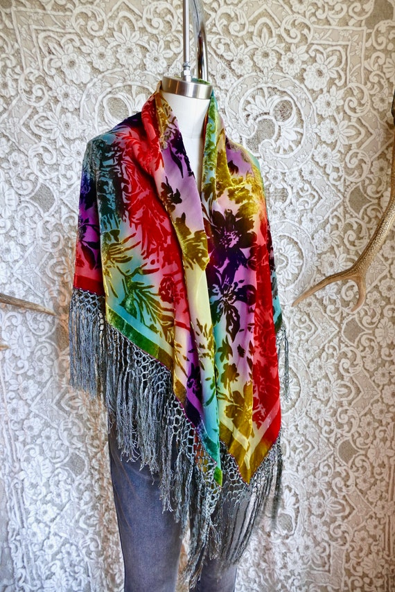 Rainbow Ombre Silk Velvet Burnout Piano Shawl - Gem