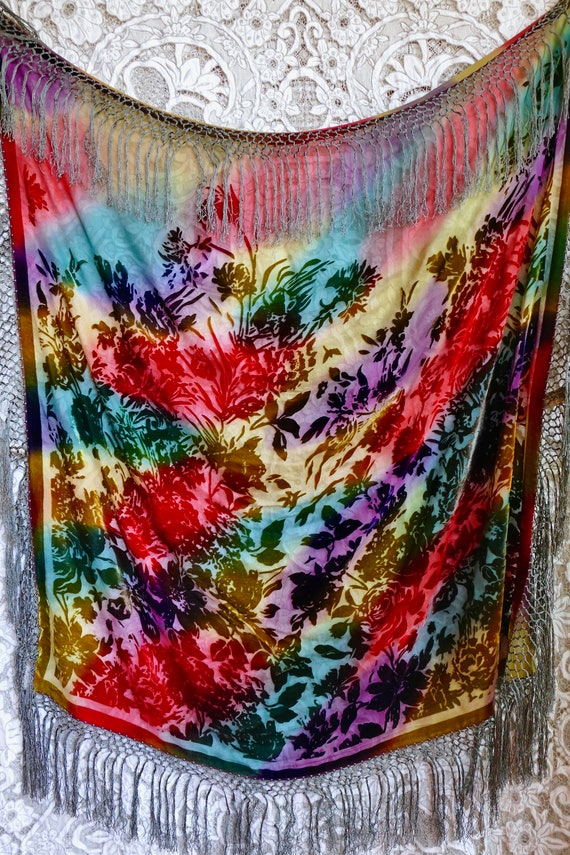 Rainbow Ombre Silk Velvet Burnout Piano Shawl - Gem
