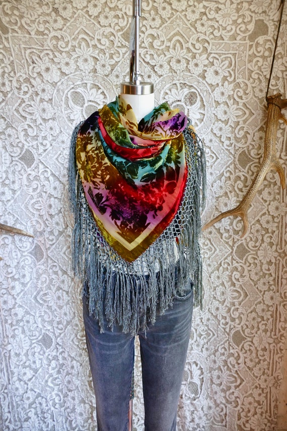 Rainbow Ombre Silk Velvet Burnout Piano Shawl - Gem