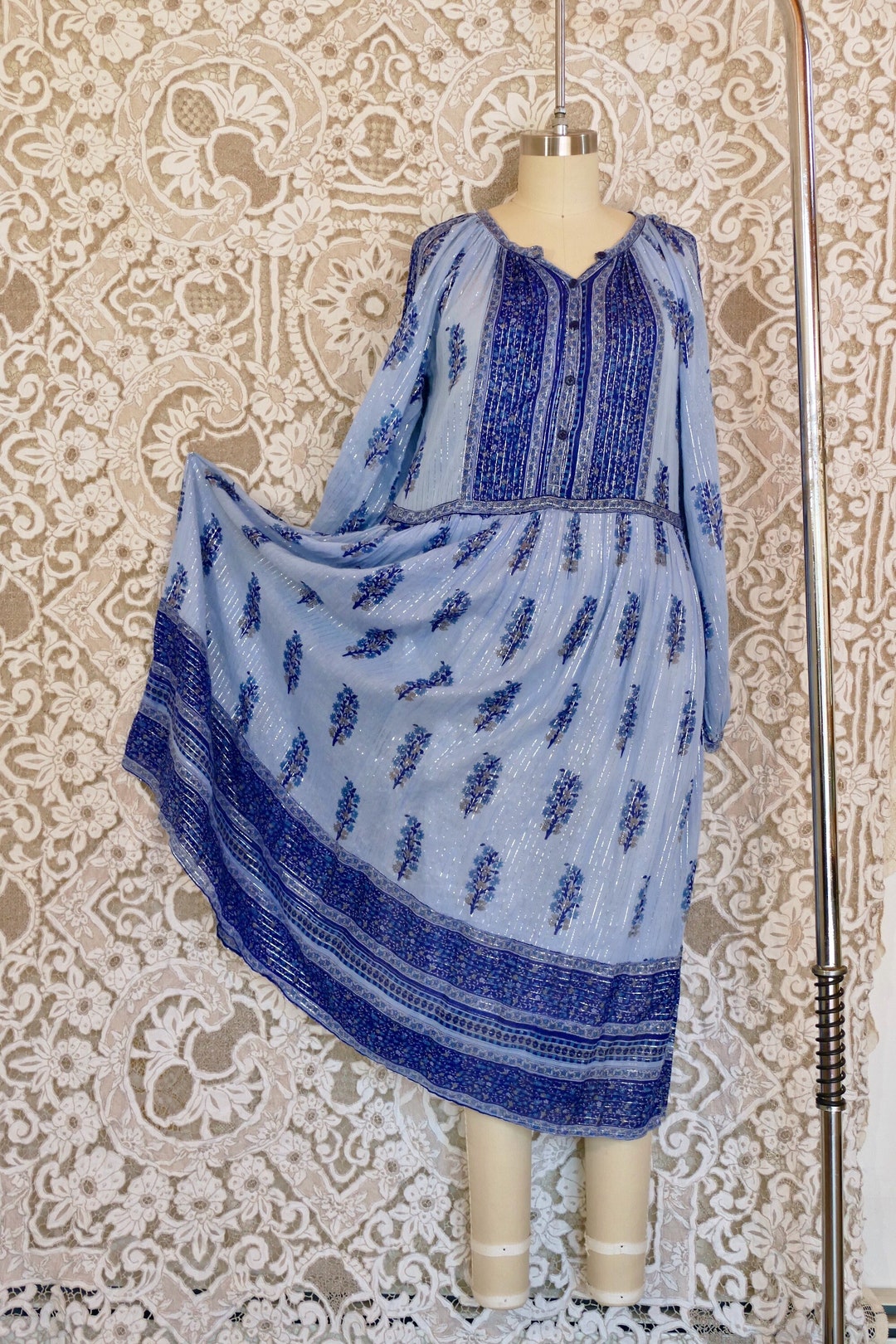Mayur Blue Indian Gauze Cotton and Silver Lurex Dress - Etsy