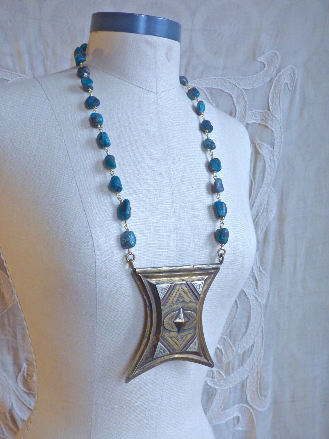 Large Golden Tuareg and Turquoise Amulet | Etsy