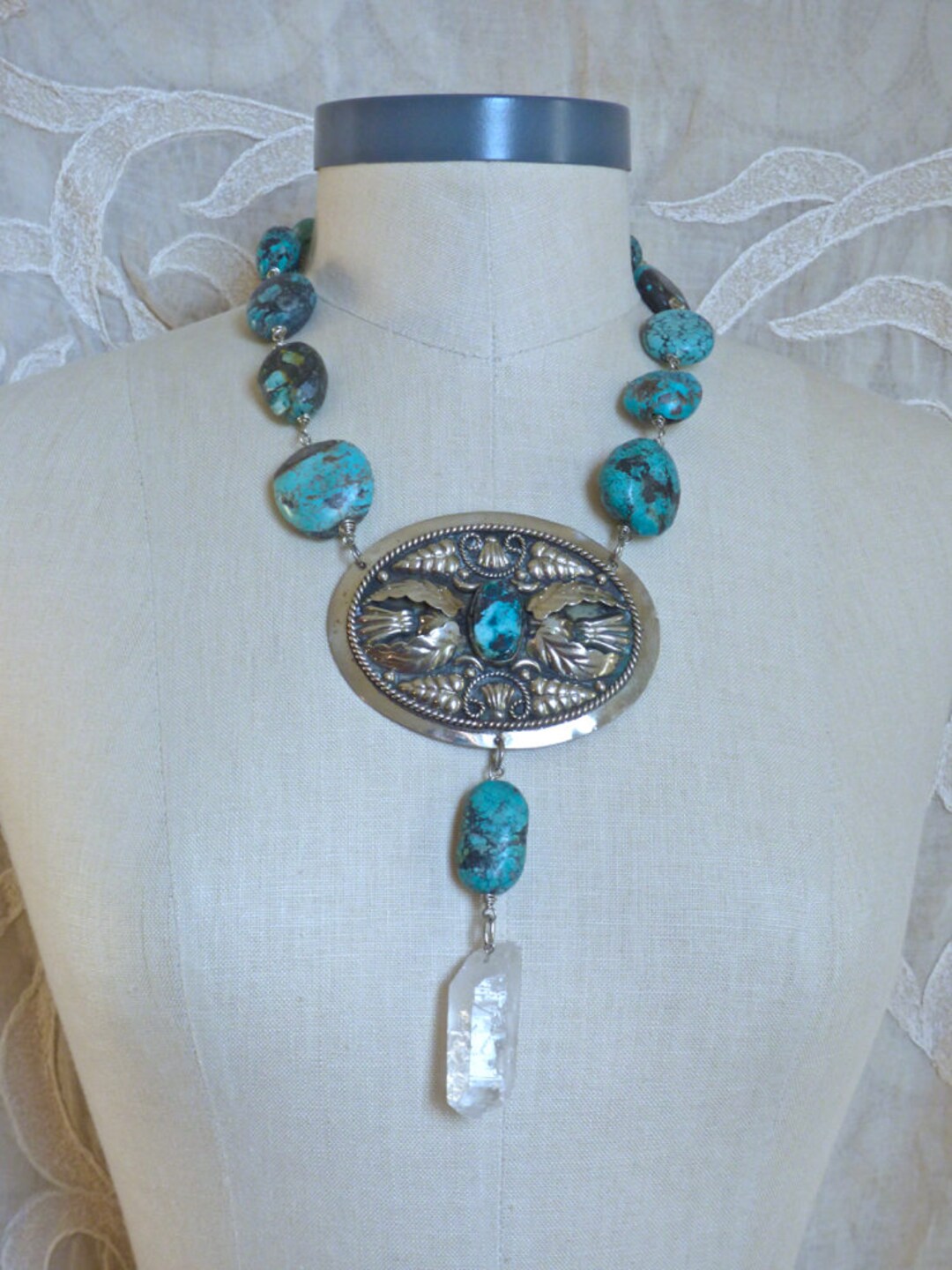 Turquoise and Quartz Medallion Necklace - Etsy