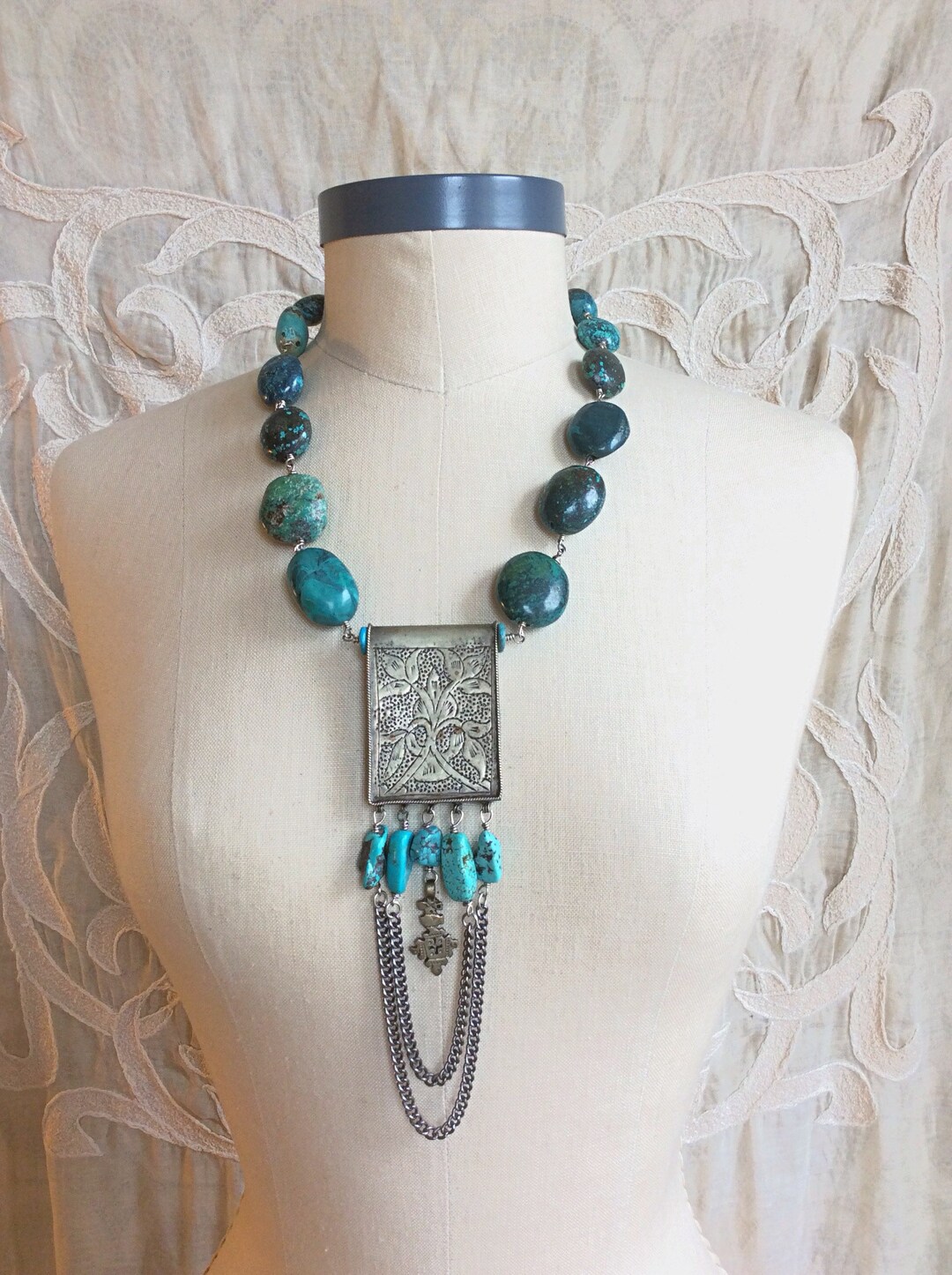 Turquoise and Engraved Box Amulet - Etsy