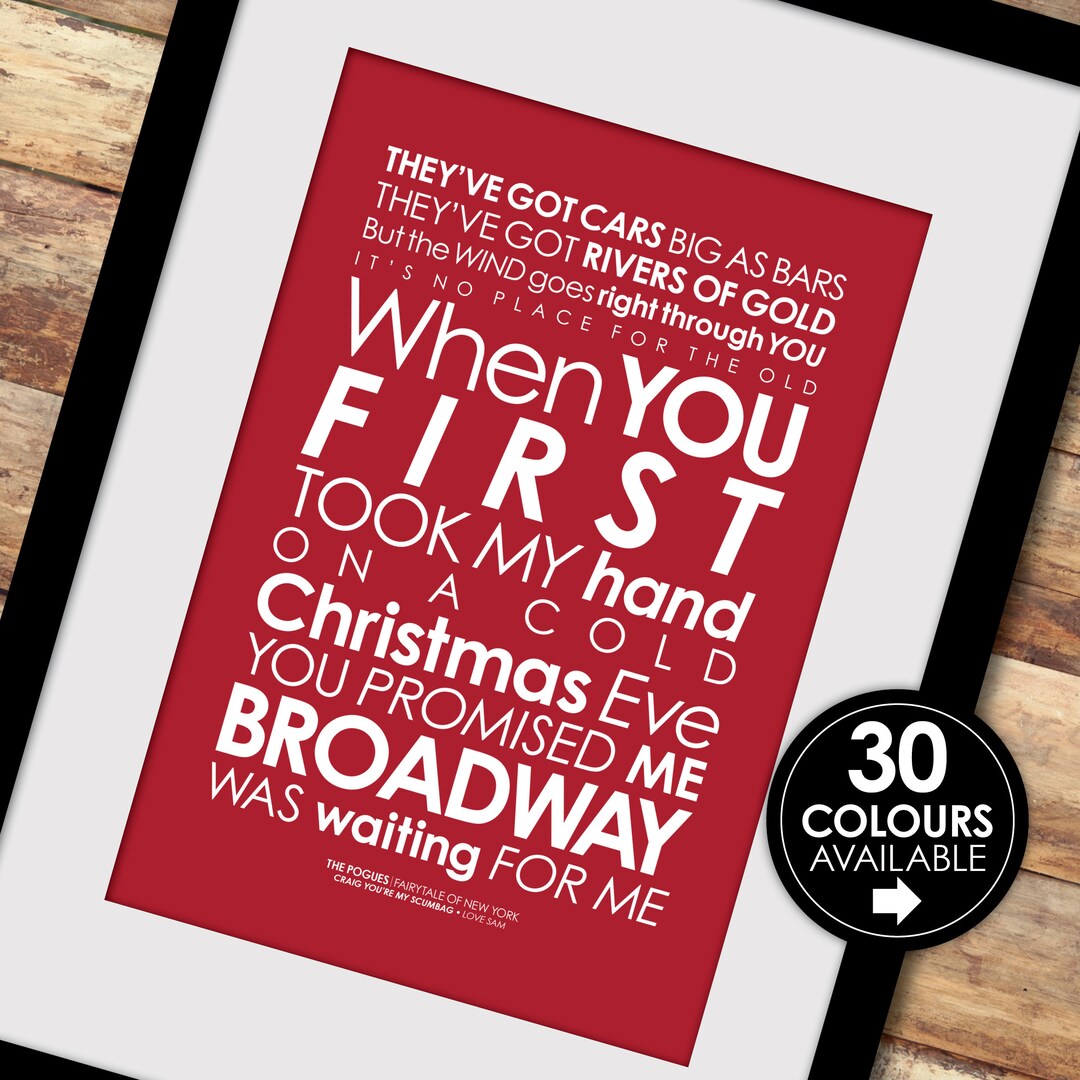 Gallery Wall Art Print Fairytale of New York LYRICS Optional PERSONALISED Message Funny Rude ...