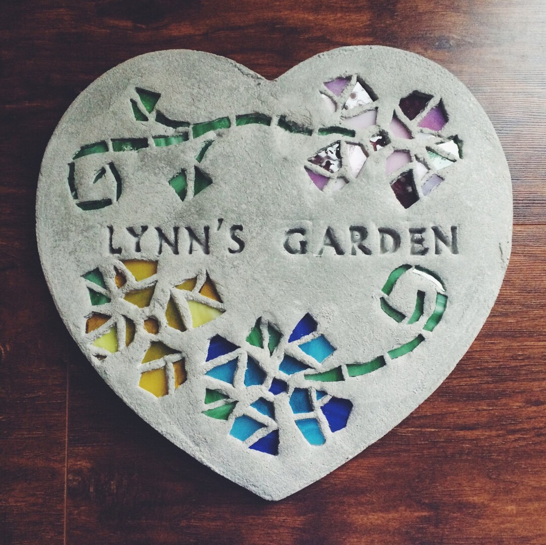 Personalized Garden Stepping Stone With Mosaic Glass Flowers (heart ...