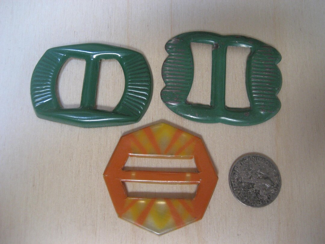 Art Deco Belt Buckles, 3 Vintage 1930's Painted Pressed Tin Sash/belt ...