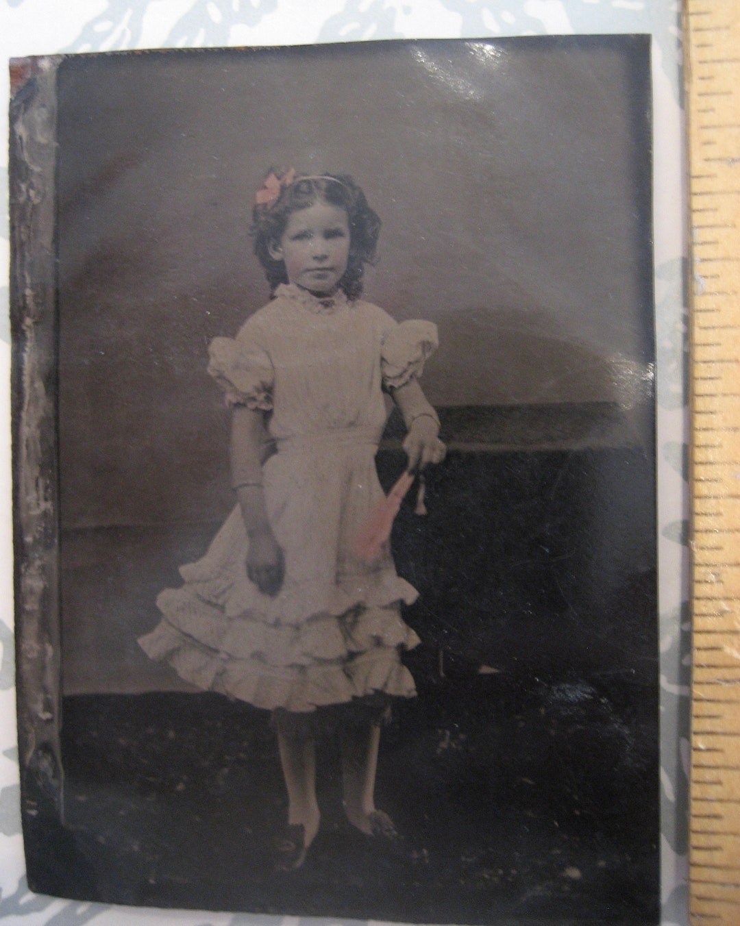 Victorian Daguerreotype Tin Photo of Young Girl in a Frilly Dress, Pink ...