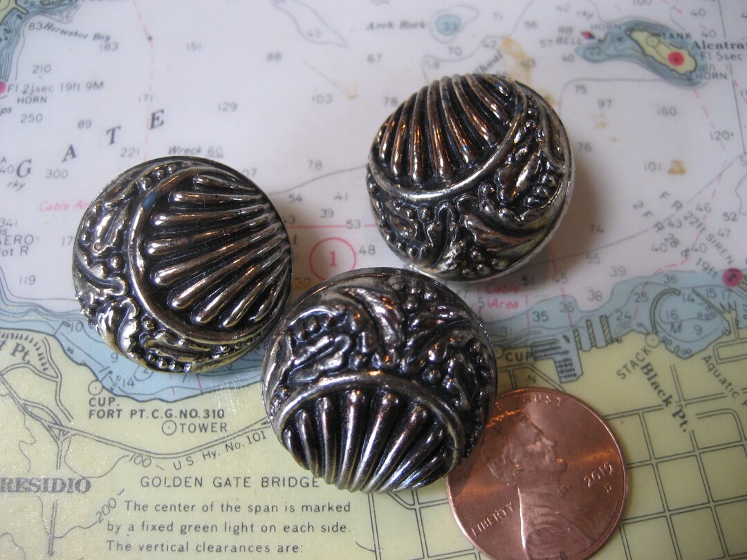 Vintage Buttons, 3 Large Silver Look Plastic Buttons, Art Deco Style ...