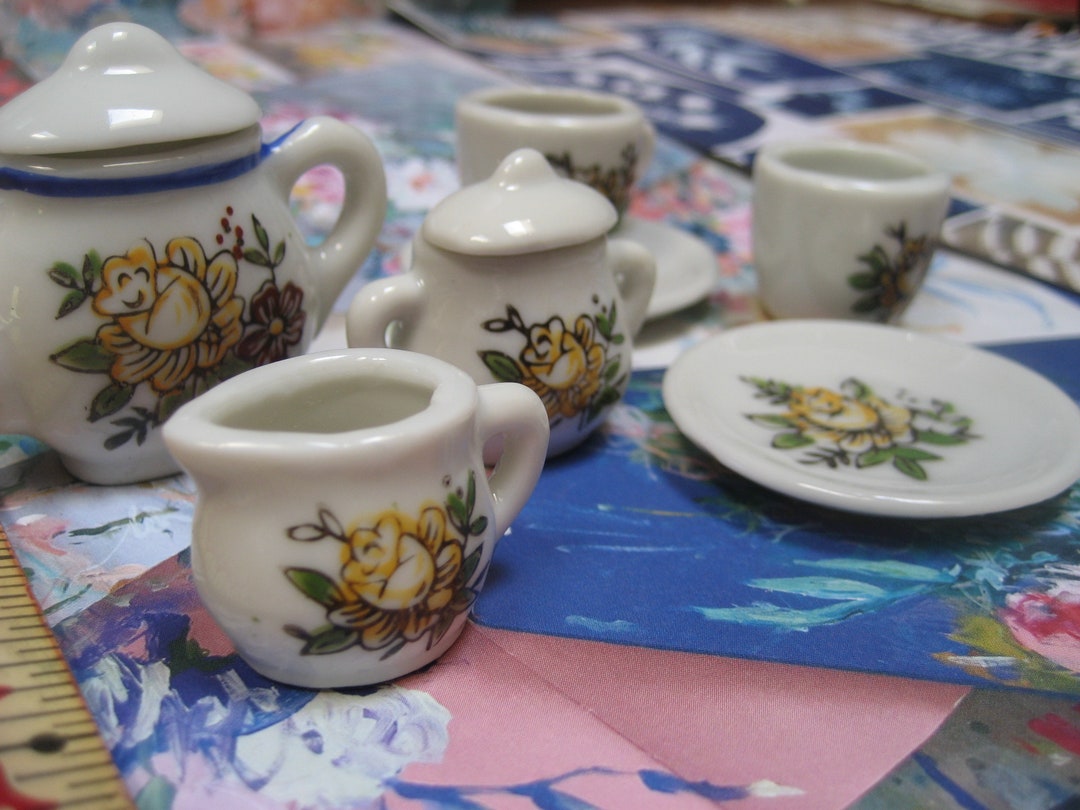 Childs Yellow Rose China Play Tea Set, 7pc. Pretend Tea Party, Made in ...