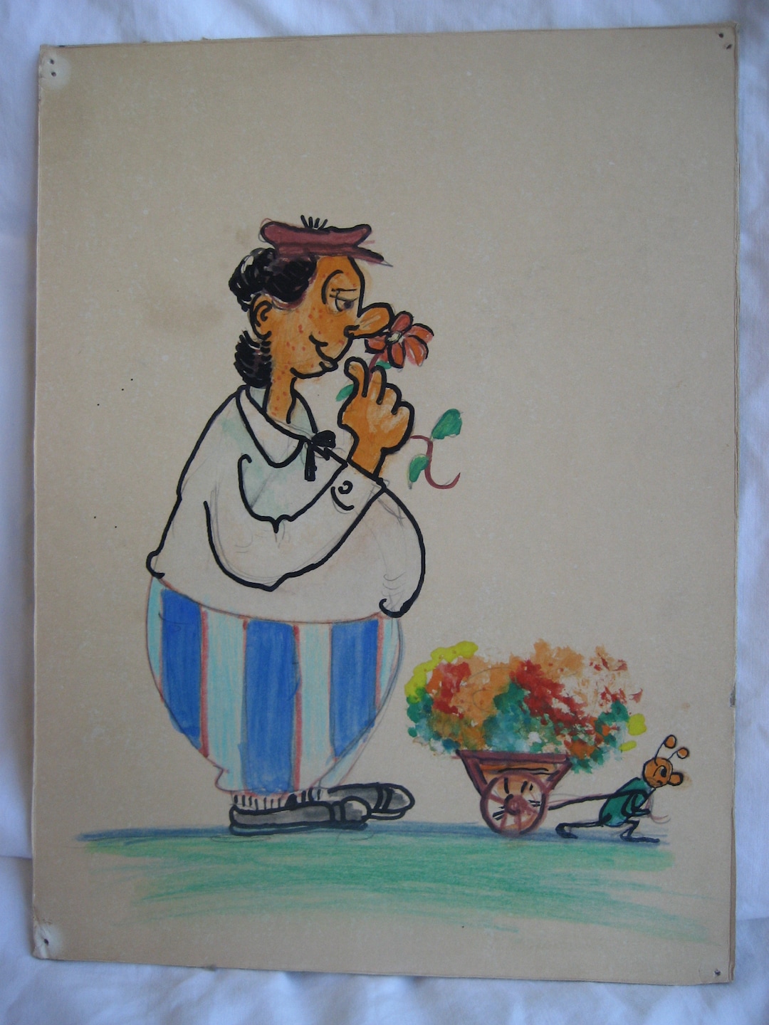 Vintage Original Cartoon Drawing, Watercolor, Pencil and Pen on Mat ...