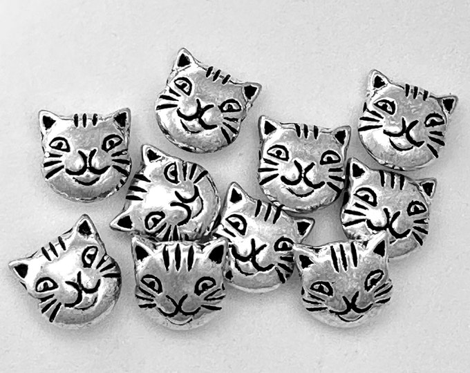 10 Antique Silver Cat Head Bead • 11x11x5mm • Smiling Silver Kitty ...