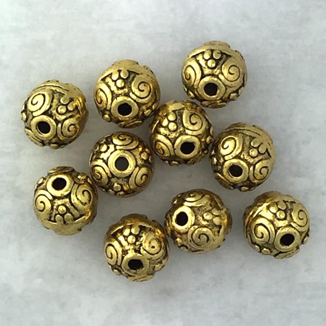 10 Pcs - 10mm Round Decorative Beads - Antique Gold Spacer Beads - Bead ...
