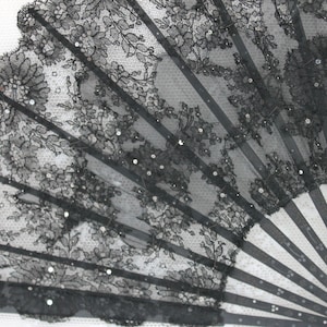 Large Victorian Black Silk & Lace Hand Fan, Antique 1890s Carved Wood ...