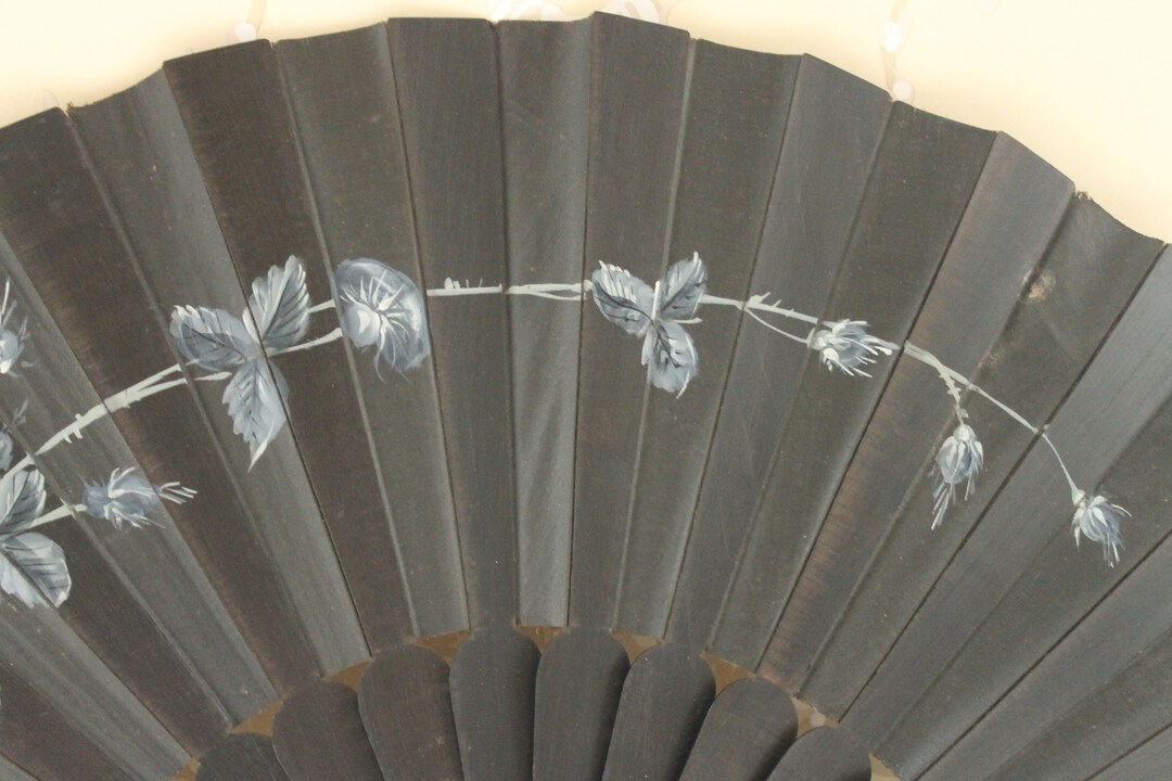 Victorian Black Satin Fan, Hand Painted Ladies Hand Held Folding Fan ...