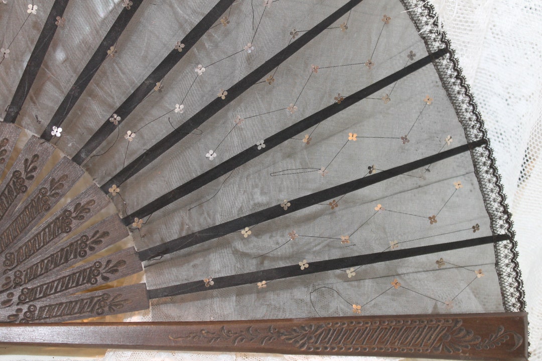 Victorian Black Fan, Carved Wood & Sequined Silk Folding Hand Fan ...
