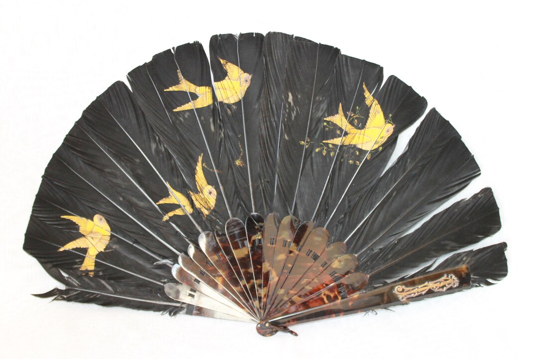 Sold. Antique Black Feather Fan, Gold Bird Painted Victorian Hand Fan ...