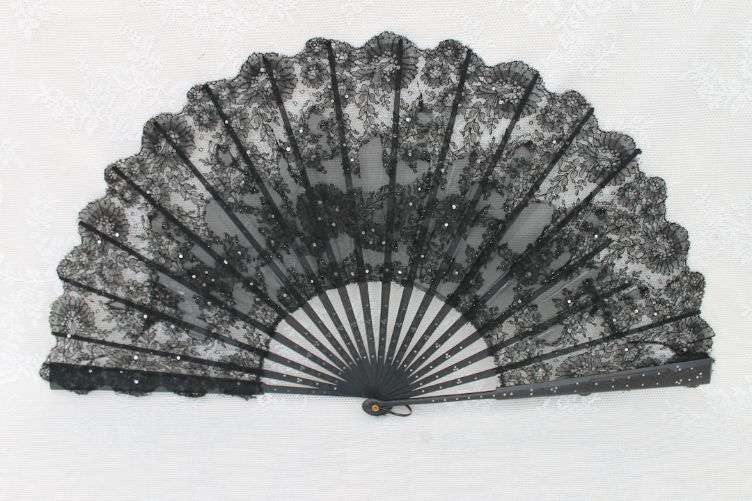 Large Victorian Black Silk & Lace Hand Fan, Antique 1890s Carved Wood ...