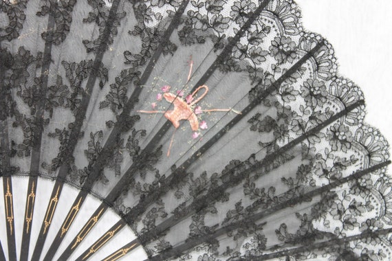 Antique black lace fan for repair, Edwardian large bl… - Gem