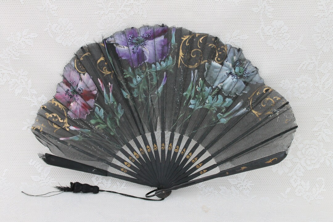 Edwardian Fan, Black Balloon Fan With Lilac and Pink Flowers, Small Art ...