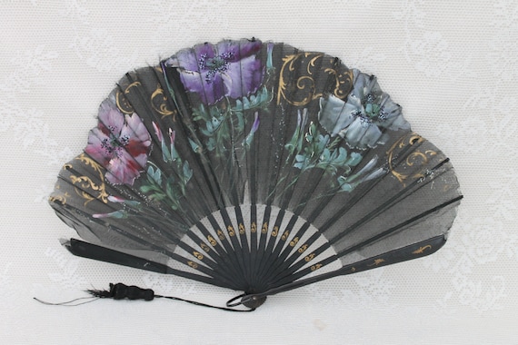 Edwardian fan, black balloon fan with lilac and pink … - Gem