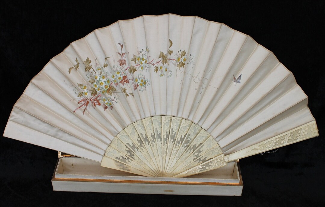 Victorian Cream Silk Satin Painted Hand Fan, Antique Carved and Pierced ...