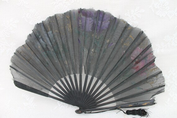 Edwardian fan, black balloon fan with lilac and pink … - Gem
