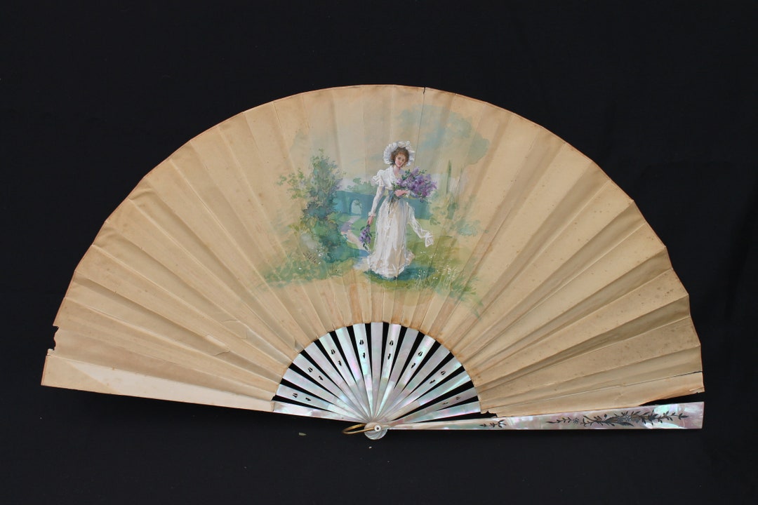 Victorian Mother of Pearl Fan, Edwardian Painted Hand Fan, Antique ...
