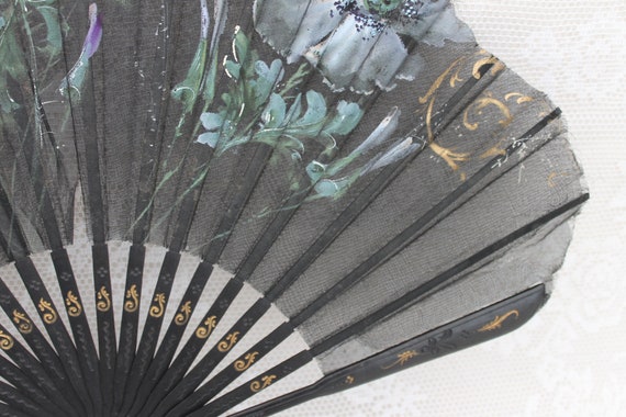 Edwardian fan, black balloon fan with lilac and pink … - Gem