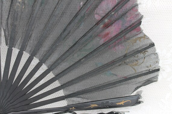 Edwardian fan, black balloon fan with lilac and pink … - Gem
