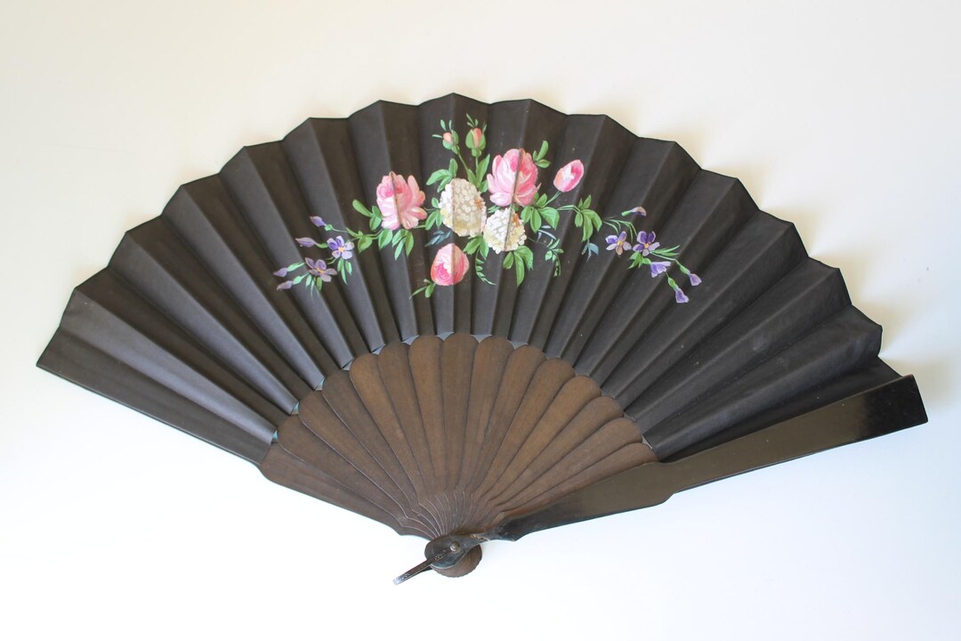Victorian Black Hand Painted Ladies Hand Held Fan, Antique White, Pink ...