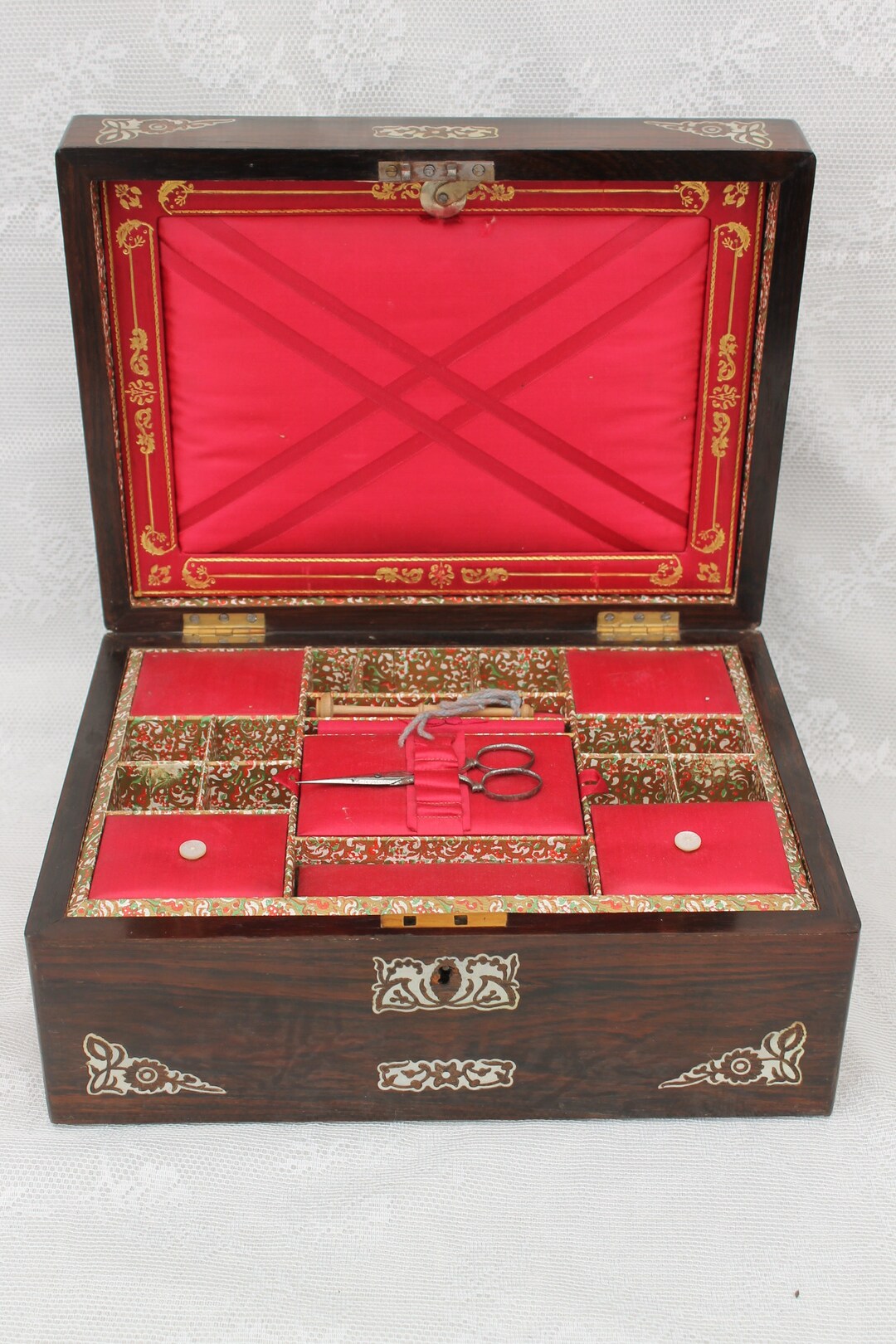 Victorian Sewing Box, Antique Mother of Pearl Inlaid Sewing Box, Fitted ...