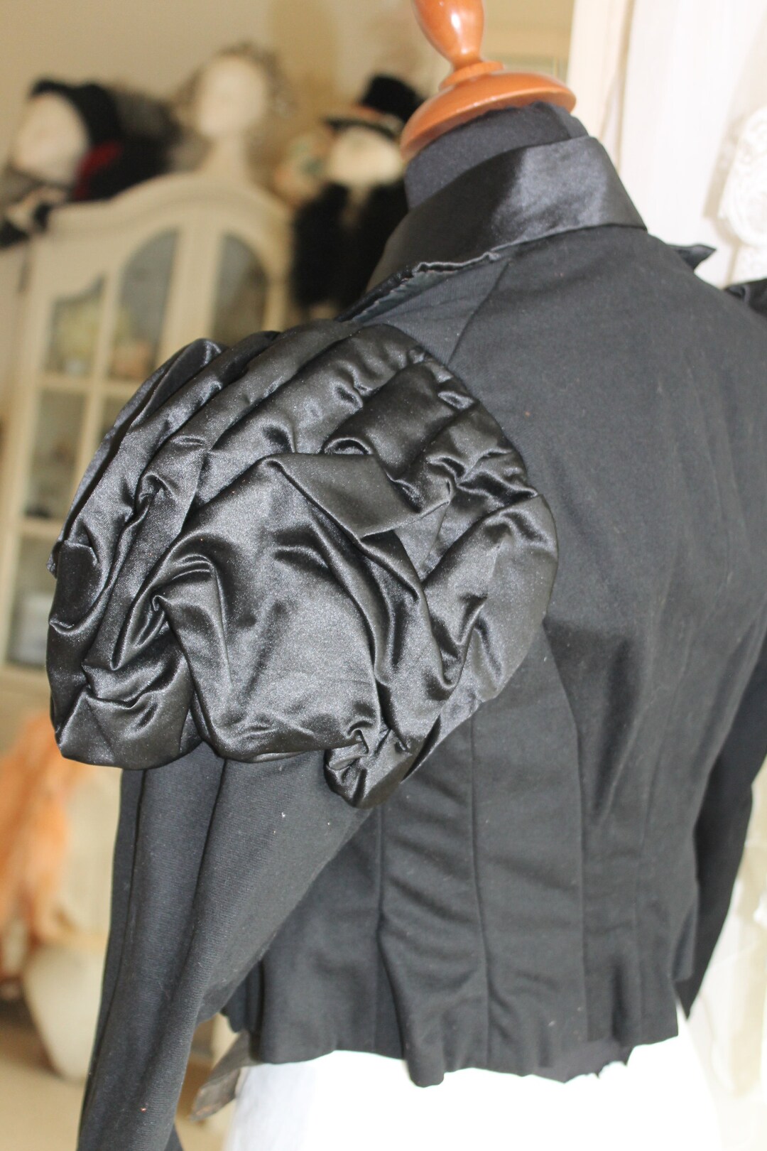 Victorian Unworn Black Jacket, Antique Wool & Satin Long Sleeve Boned ...