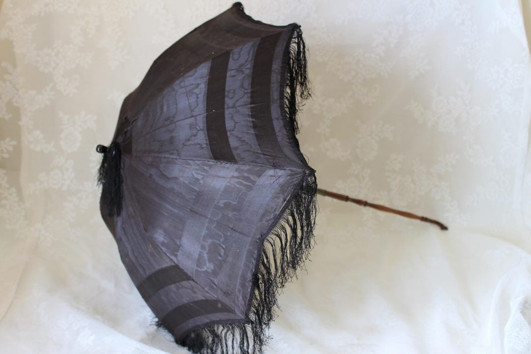 Victorian Black Carriage Parasol, Antique Folding Wooden Umbrella ...