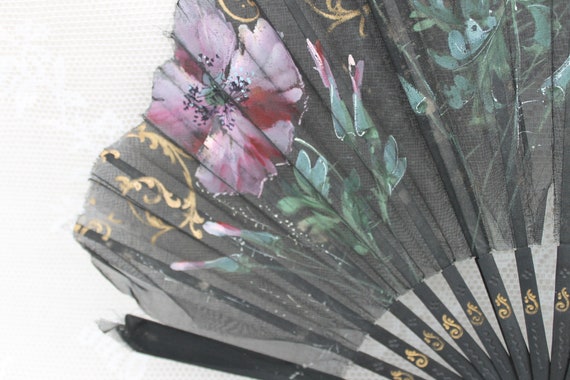 Edwardian fan, black balloon fan with lilac and pink … - Gem