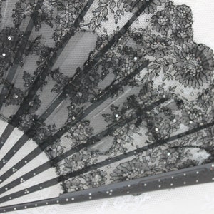 Large Victorian Black Silk & Lace Hand Fan, Antique 1890s Carved Wood ...