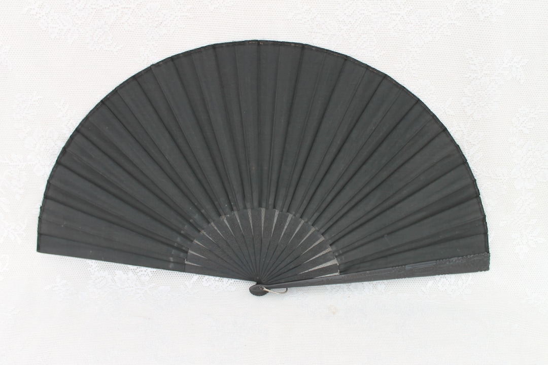 Victorian or Edwardian Plain Black Fabric Fan With Carved Black Painted ...