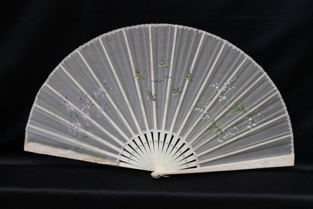 Victorian Cream Fan, Large Antique Carved Bovine Bone Hand Fan, Painted ...