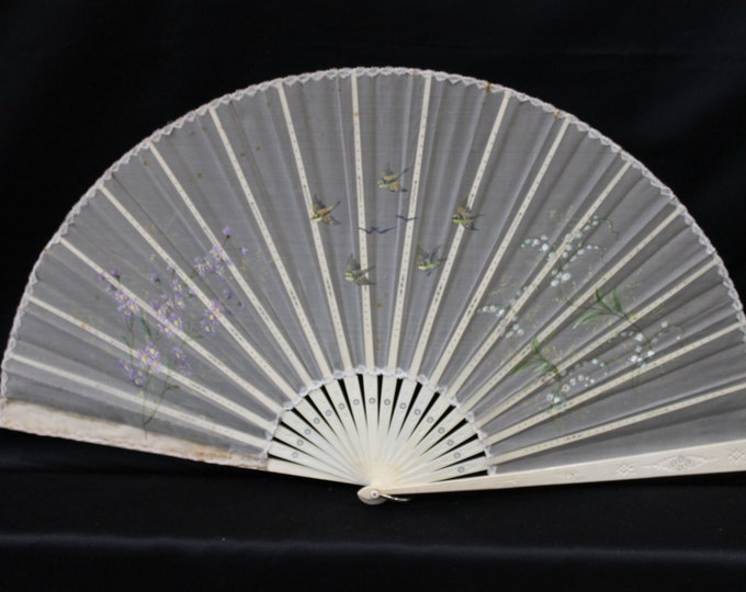 Victorian Cream Fan, Large Antique Carved Bovine Bone Hand Fan, Painted ...