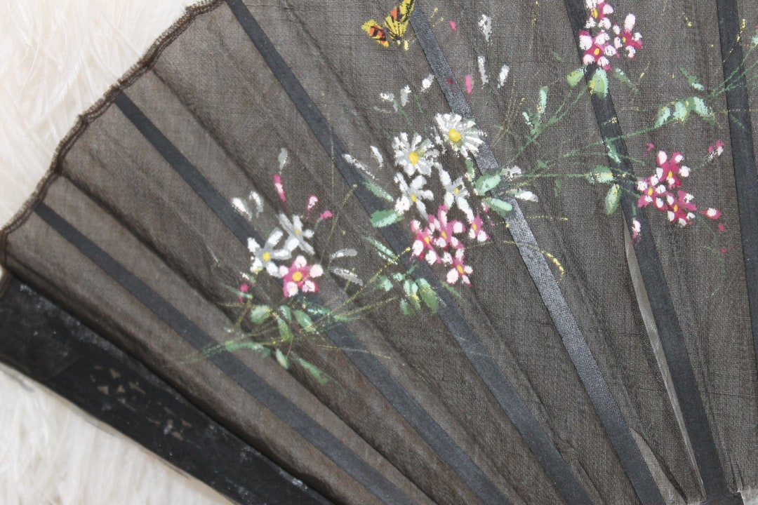 Edwardian Wooden & Painted Folding Fan, Antique Black Hand Fan, 1800s ...