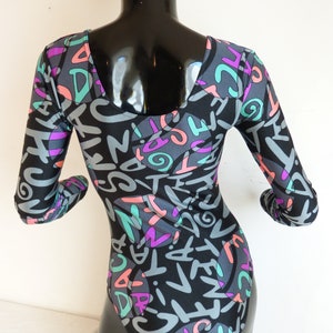 AGIVA Long Sleeved Leotard Bodysuit Black Grey Lettering Stretch Lycra ...