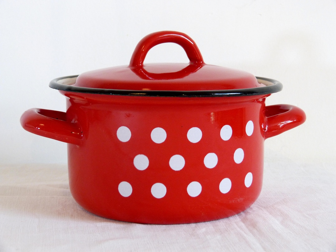 Small Red & White Polka Dot Enamel Cooking Pot With Handles Lid Mid ...