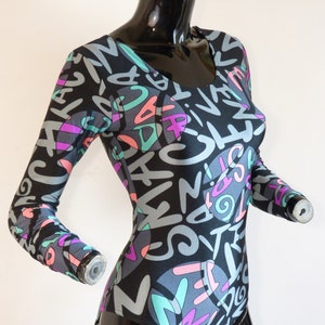 AGIVA Long Sleeved Leotard Bodysuit Black Grey Lettering Stretch Lycra ...