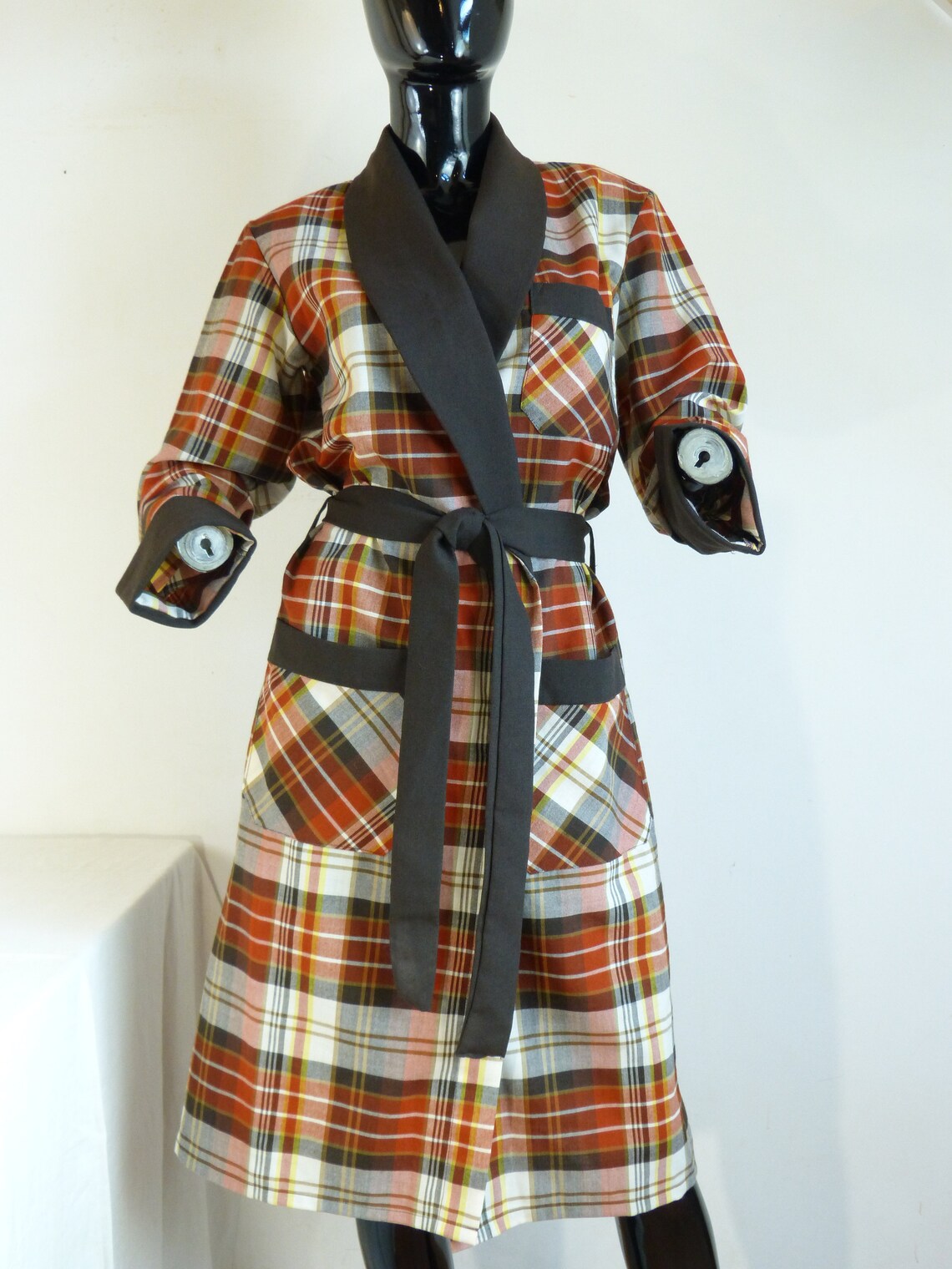 Wool Mix EURAL TERGAL Men's Robe - Brown & Brick Red Check Plaid - Mid ...