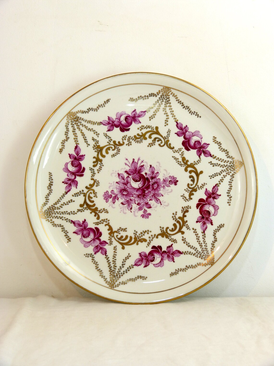 Round Hand Painted Ceramic Serving Cake Plate - Shabby Dark Pink & Gold ...
