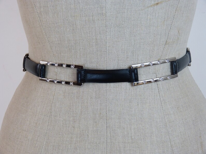 Silver Tone Metal & Black Leather Belt Rectangular Links - Etsy