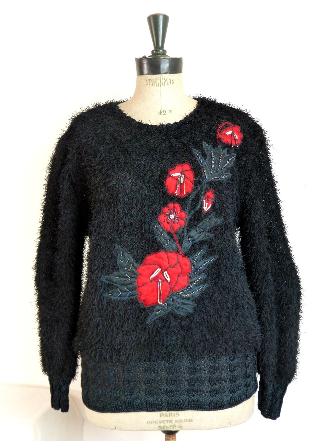 Black Hairy Sweater With Red Satin Flowers & Pearls - Etsy