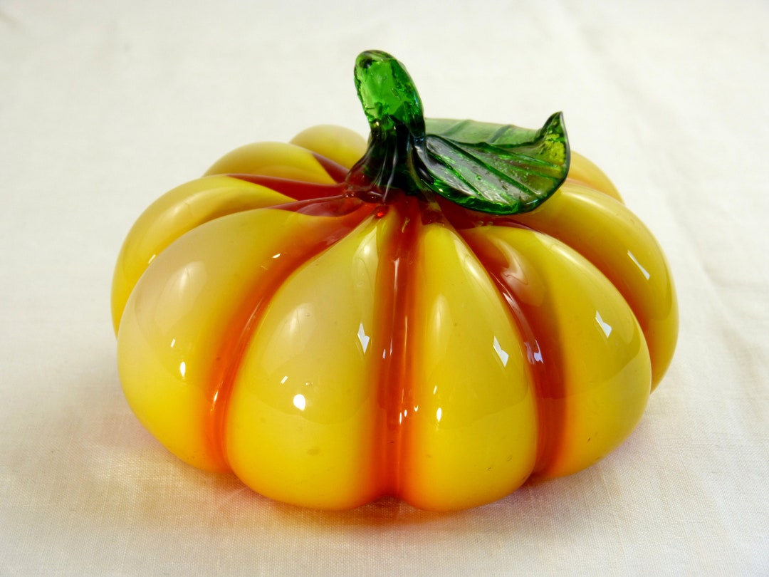 Hand Blown Murano Glass Pumpkin - Yellow Orange Vegetable + Green Leaf ...