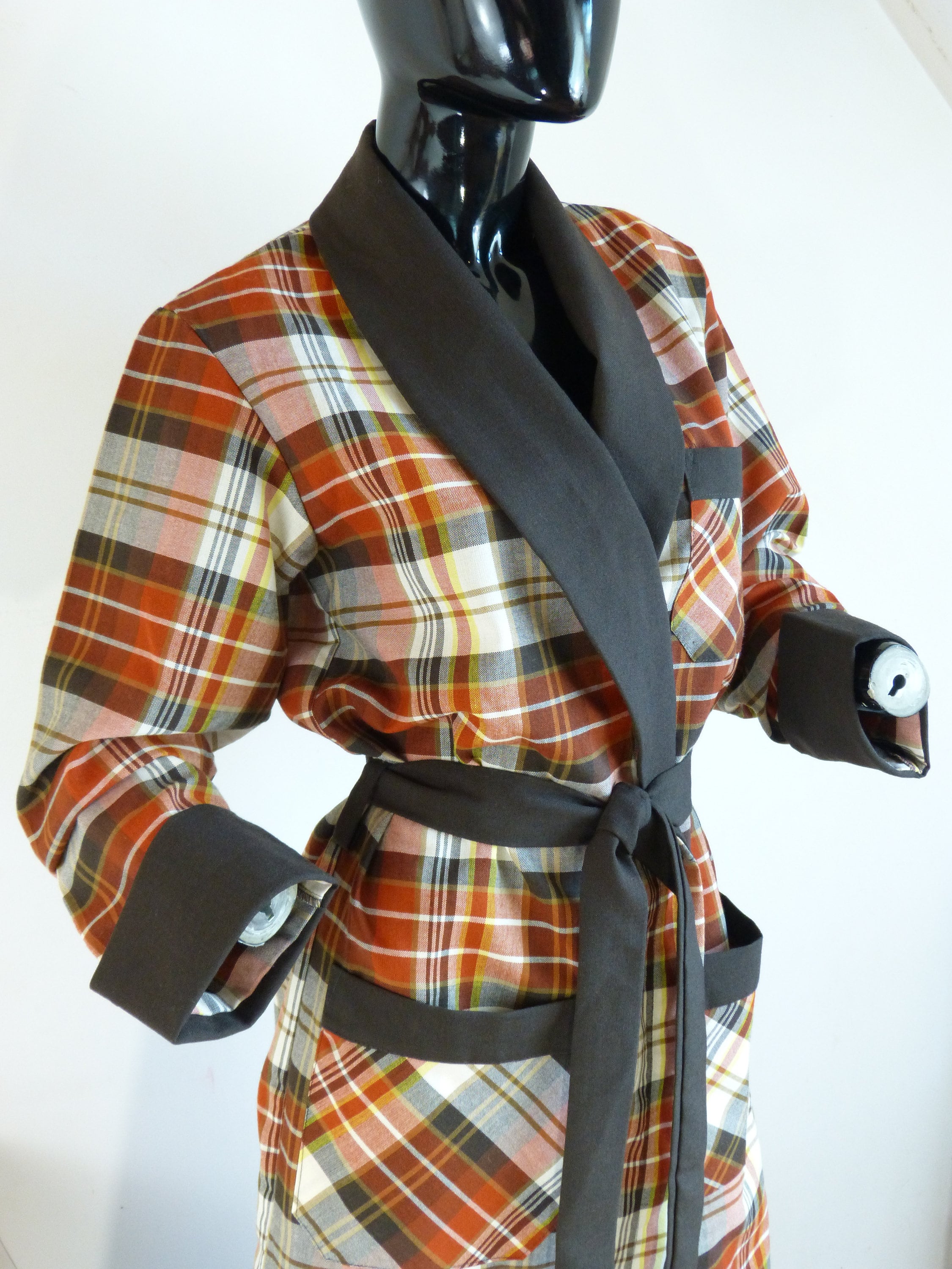 Wool Mix EURAL TERGAL Men's Robe - Brown & Brick Red Check Plaid - Mid ...